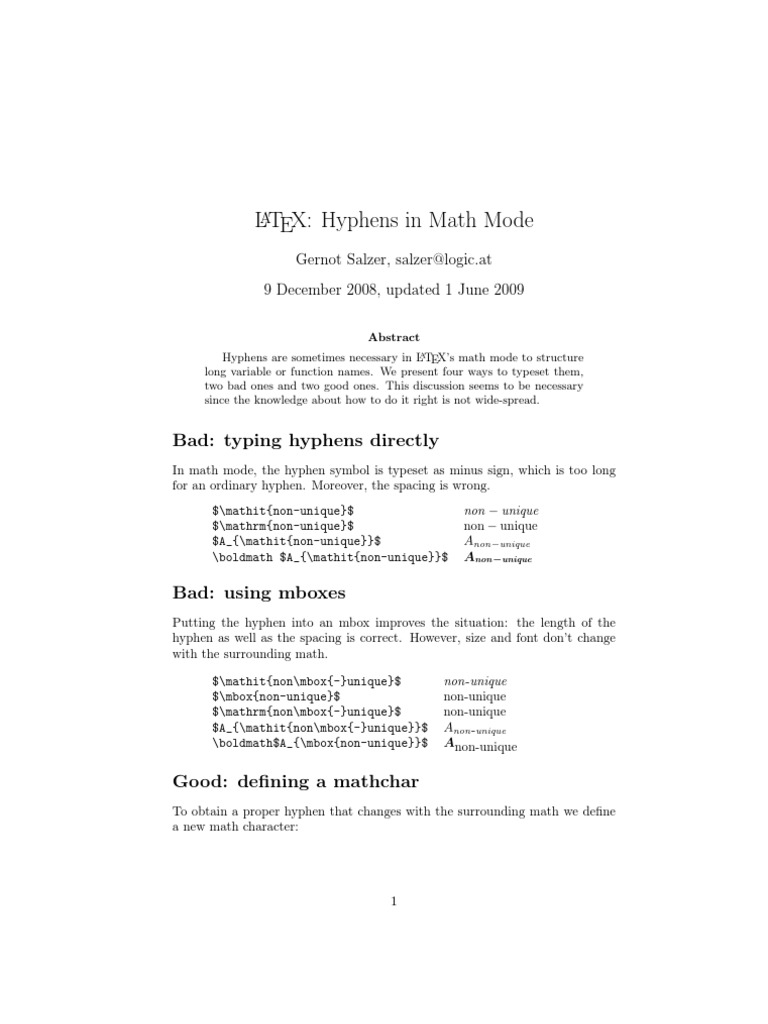 LATEX: Hyphens in Math Mode | PDF | Te X | Teaching Mathematics