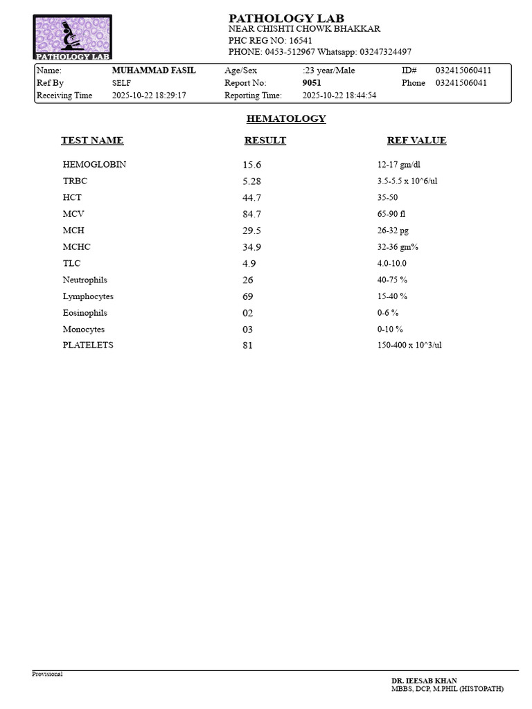 Hematology Report for Muhammad Fasil | PDF