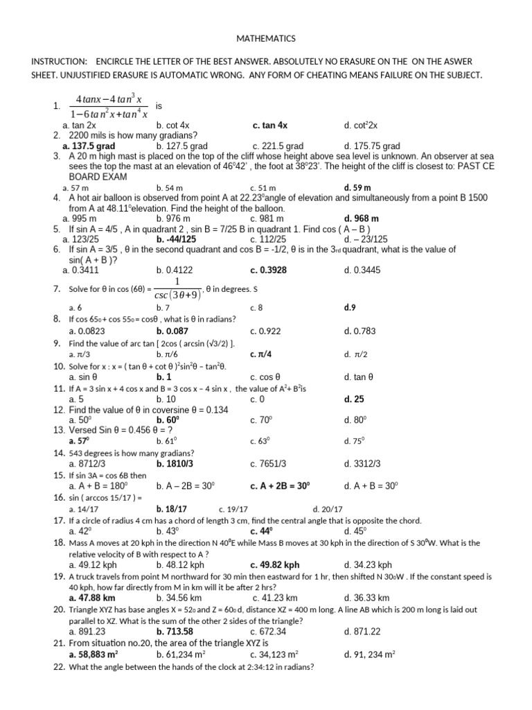 Mathematics Exam Questions and Answers | PDF | Area | Circle