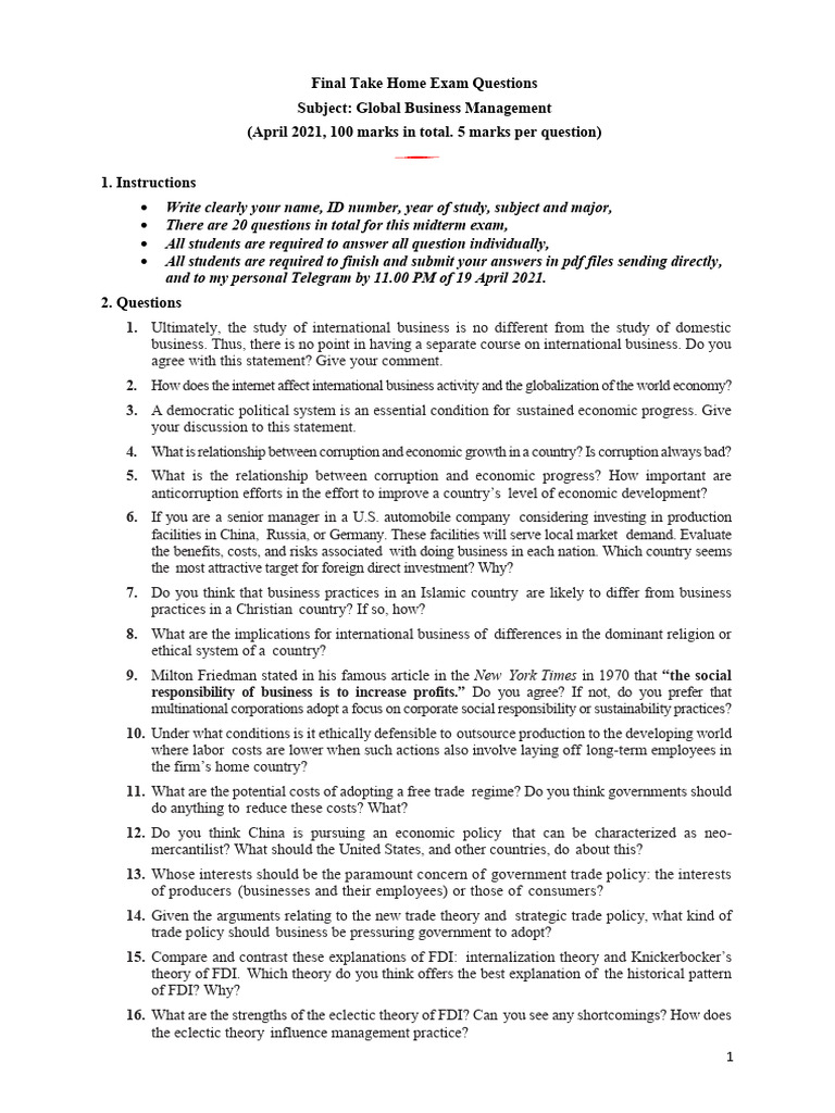 Final Take Home Exam Questions-GBM | PDF | Foreign Direct Investment | Interest