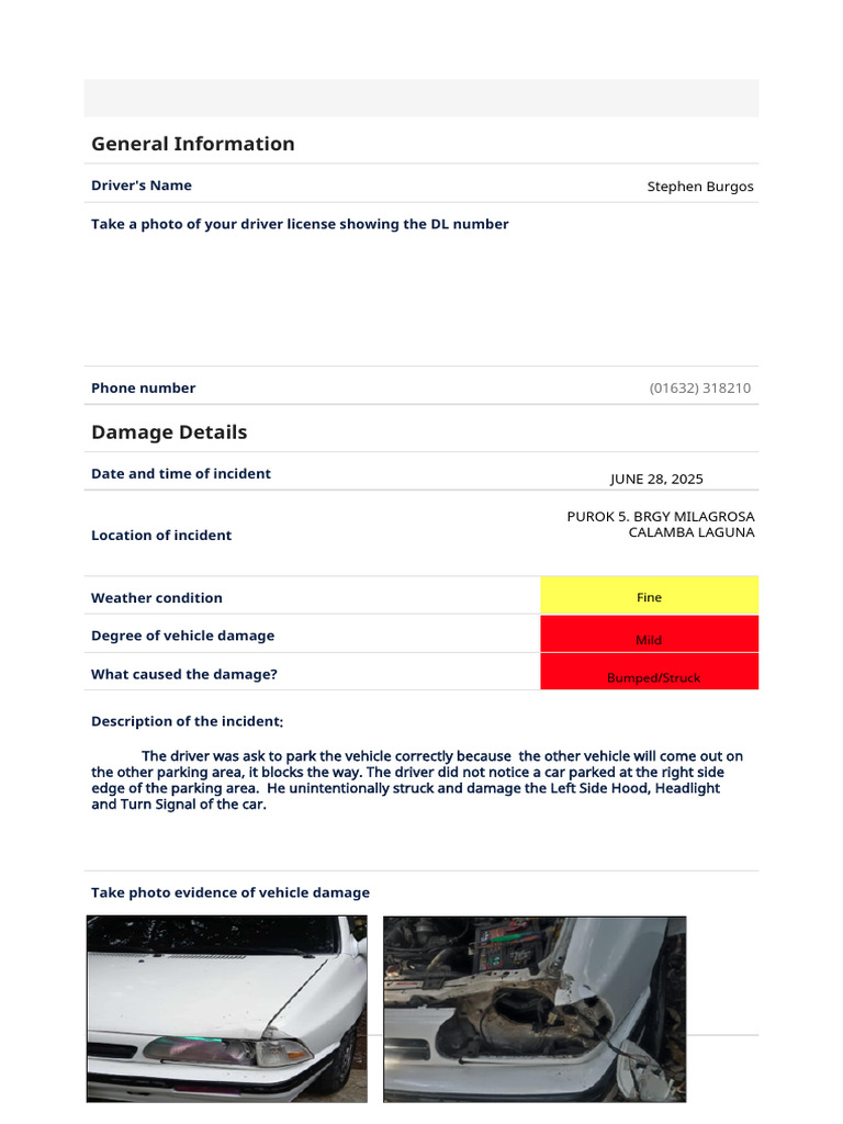 Vehicle Damage Report Sample | PDF | Land Transport | Transport