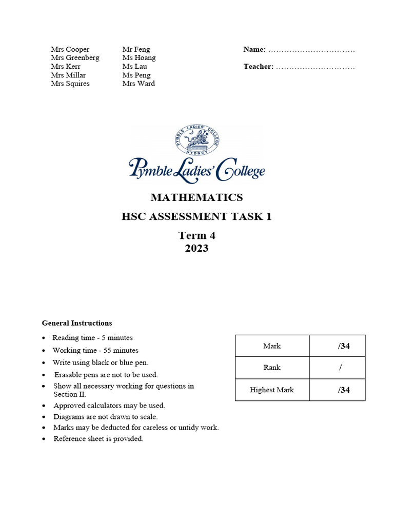 HSC Year 12 Mathematics Assessment Task | PDF | Multiple Choice ...