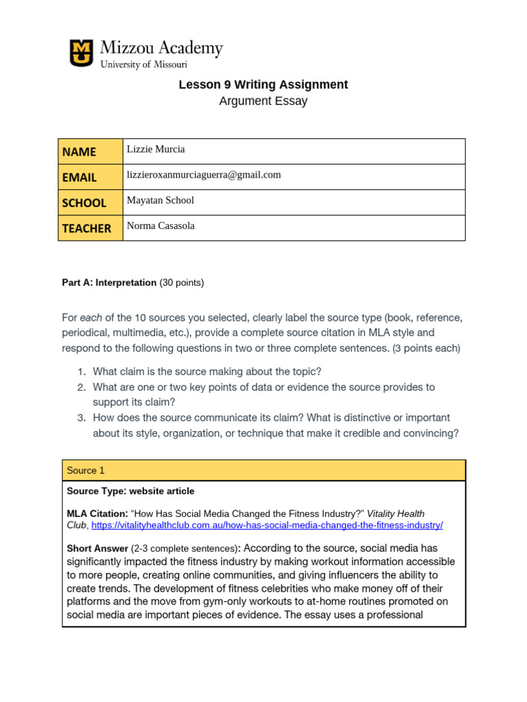Lesson 9 Writing Assignment Template-1 (1) | PDF | Body Image | Popular ...