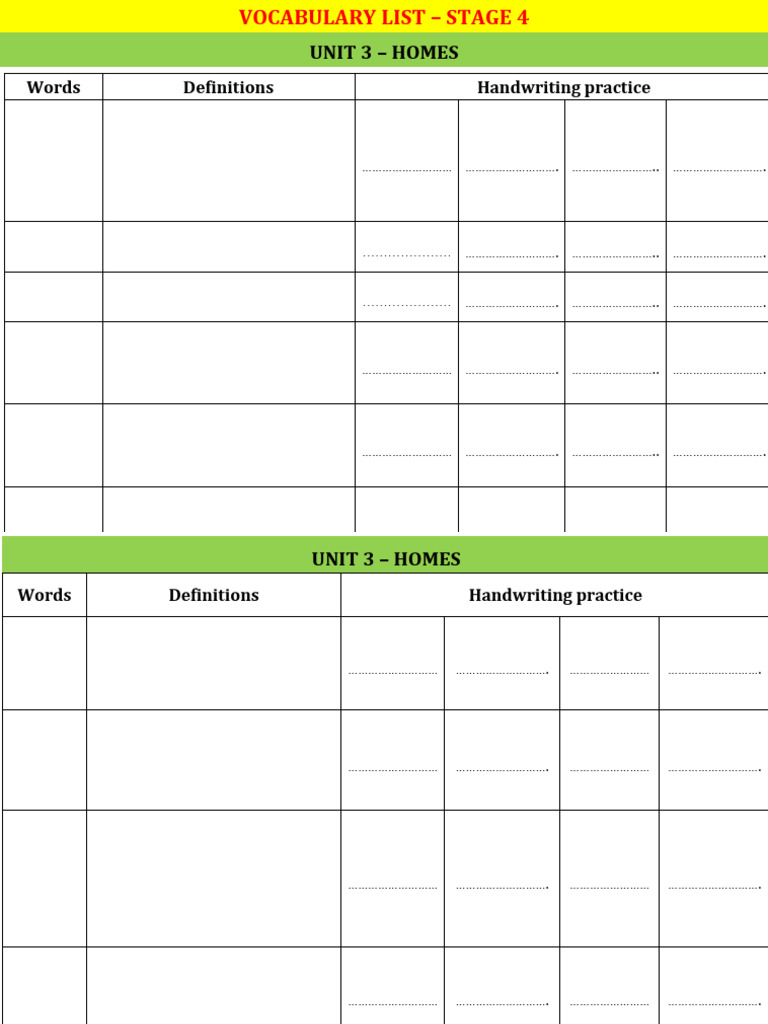 Vocabulary List - Unit 3 - Luyện Viết Từ Vựng Unit 3 | PDF