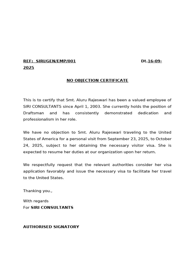 Visa No Objection Letter - 160925 | PDF