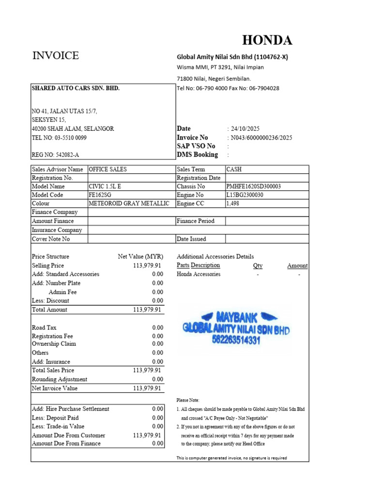 Honda Civic Invoice from Global Amity | PDF | Invoice | Payments