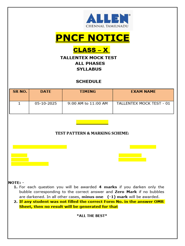 TALLENTEX Class X Mock Test Details | PDF | Mathematics | Chemistry