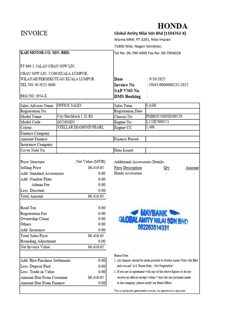 n143 Sold To Kah Motor CSL - City HB Rs Stellar | PDF | Invoice | Payments