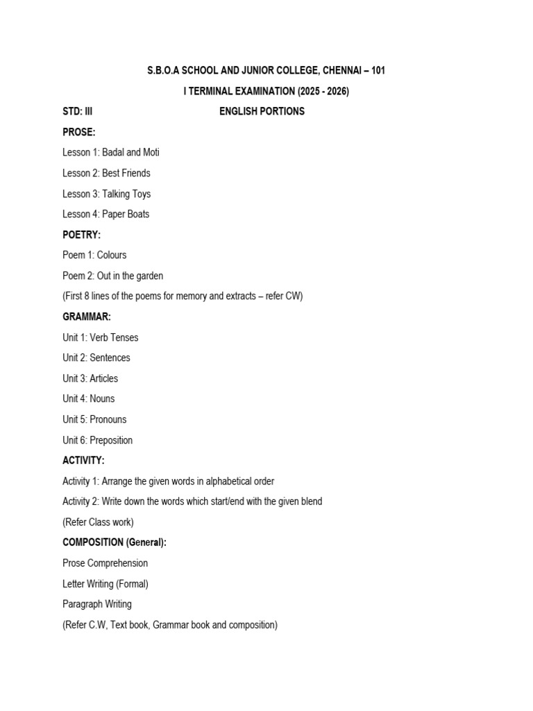 STD III - English 1 Terminal Exam Portions and Blueprint 2025 | PDF
