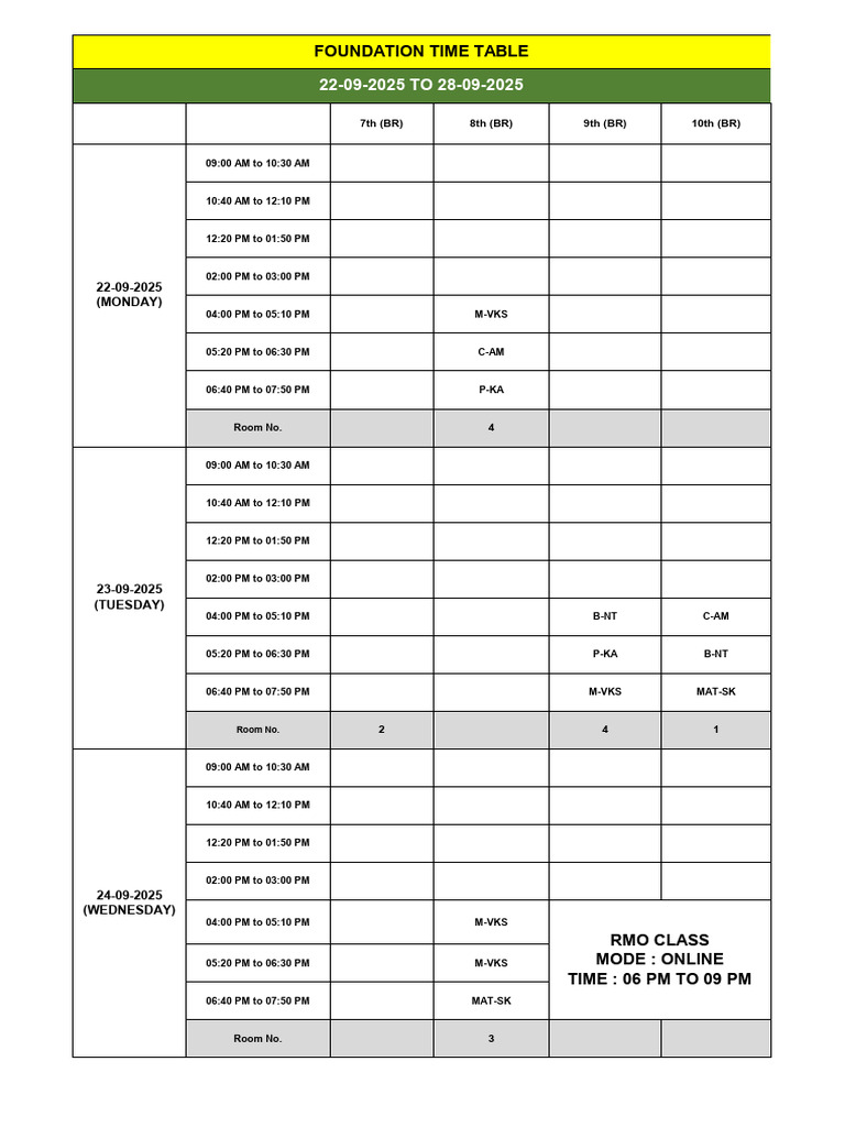 Boring Road Foundation Time Table Foundation 22-09-2025 To 28-09-2025 | PDF