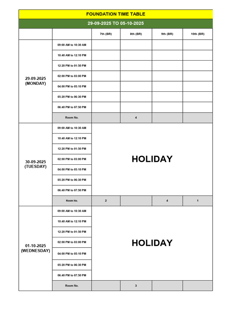 Boring Road Foundation Time Table Foundation 29-09-2025 To 05-10-2025 | PDF