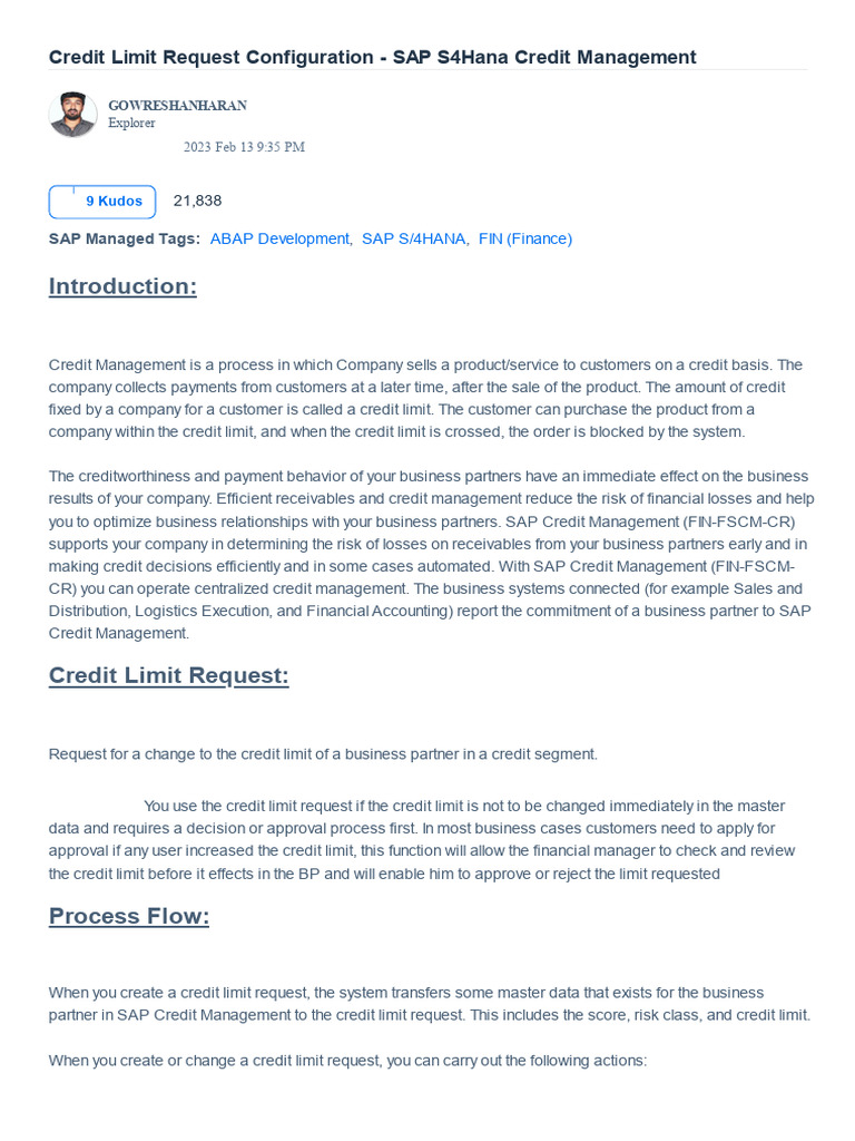 SAP S/4HANA Credit Limit Request Guide | PDF | Credit | Finance & Money ...