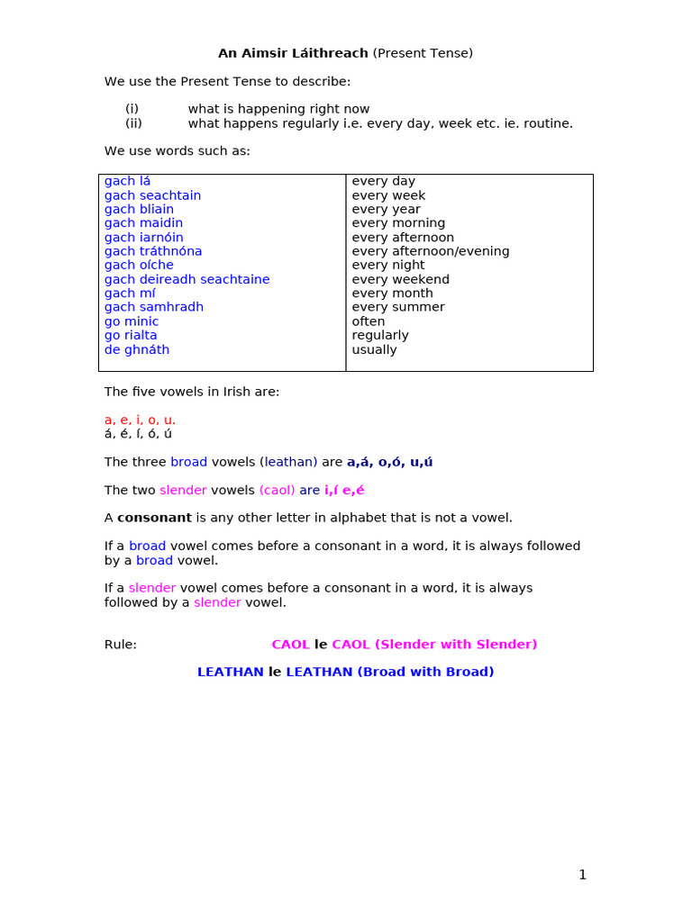 Aimsir Láithreach: Rules & Examples | PDF | Vowel | Grammar