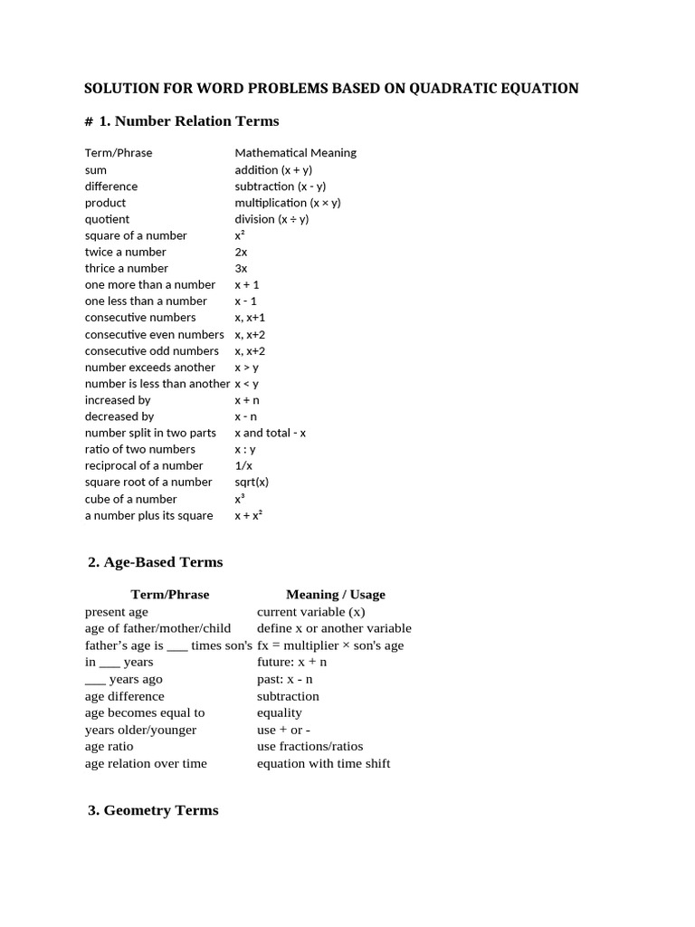 Solution For Word Problems Based On Quadratic Equation | PDF | Numbers ...