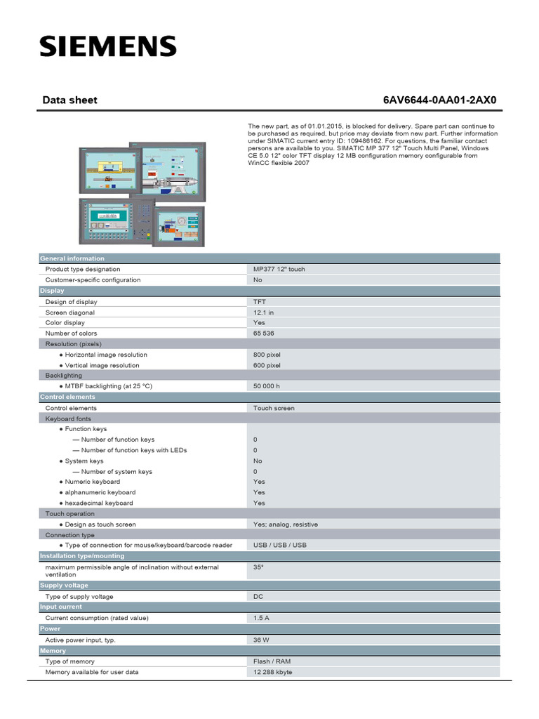 SIMATIC MP 377 12" Touch Panel Data Sheet | PDF | Computer Keyboard ...