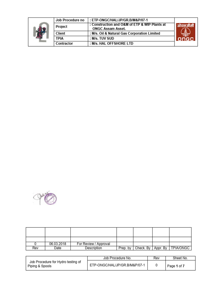 Hydro Testing Procedure for Piping | PDF | Leak | Mechanical Engineering
