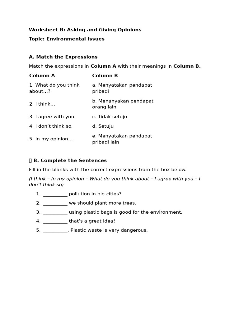 Worksheet B Asking and Giving Opinions | PDF