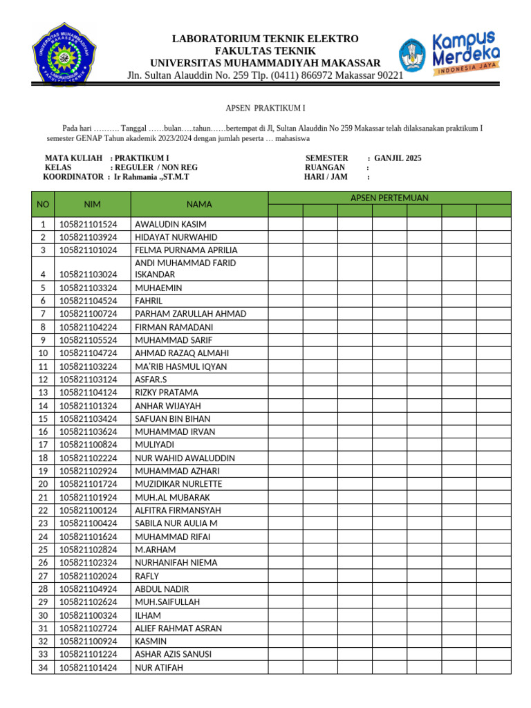 Peserta Praktikum I 20251 Reguler-Nonreg | PDF