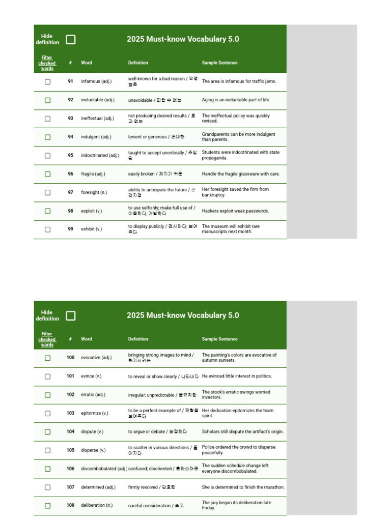 2025 Must-Know Vocabulary 5.0: Filter Checked Words # Word Sample ...