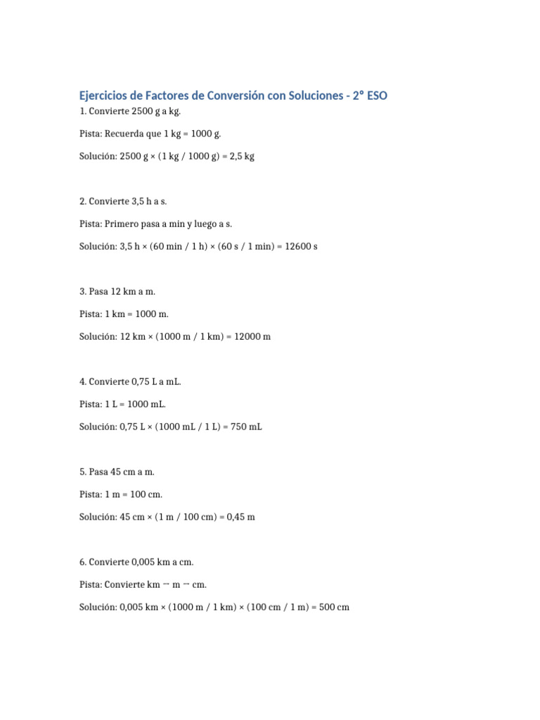 Ejercicios Factores Conversion 2ESO Con Soluciones | PDF