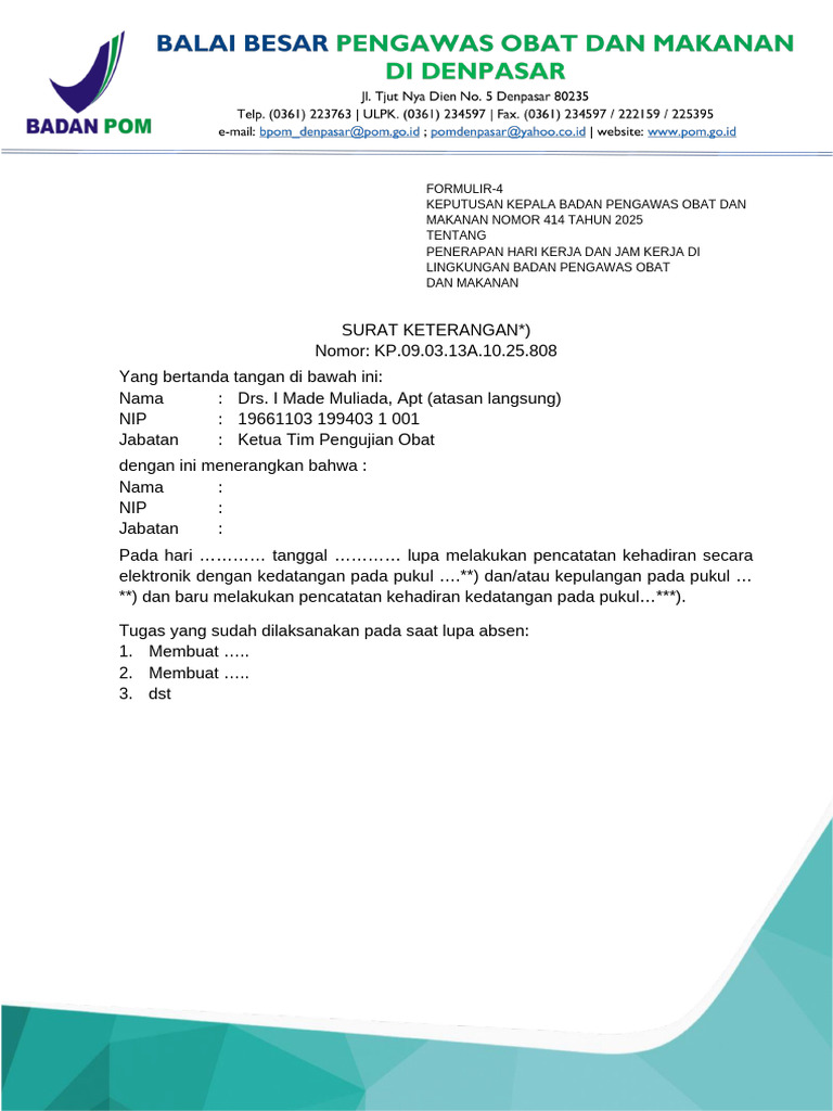 Format Terbaru Surat Keterangan Lupa Absen | PDF