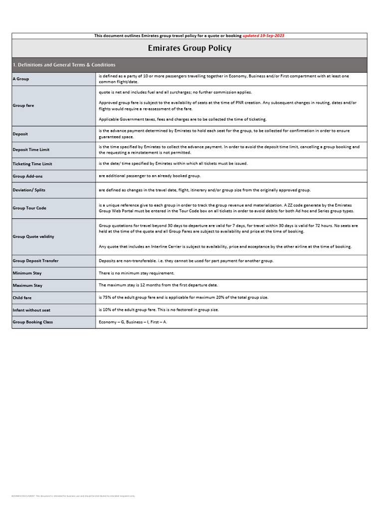 Emirates Group Travel Policy Overview | PDF | Fare | Emirates (Airline)