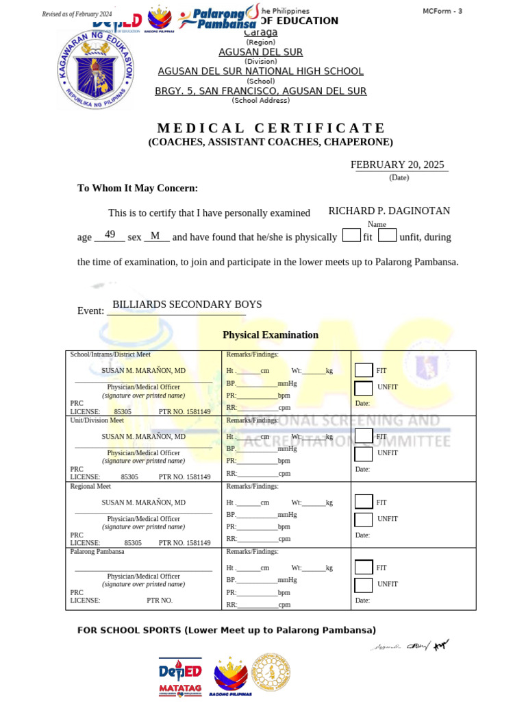 Medical Certificate for Sports Participation | PDF | Practice Of ...