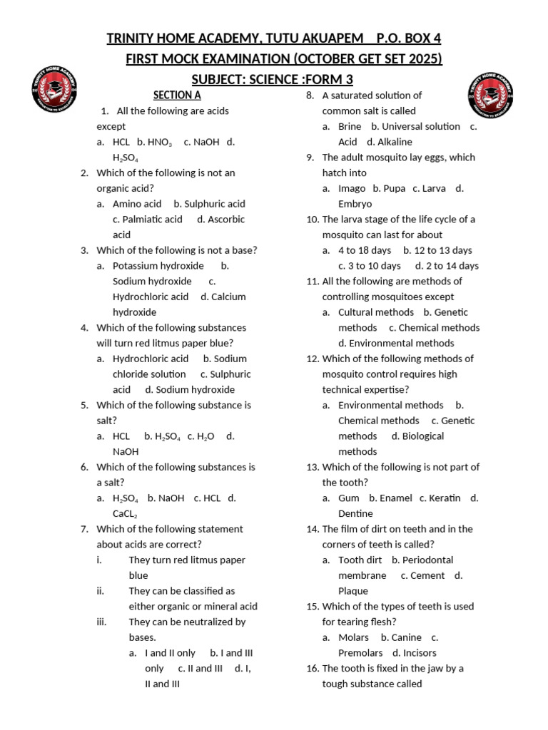 Form 3 Science Mock Exam October 2025 | PDF | Human Tooth | Tooth