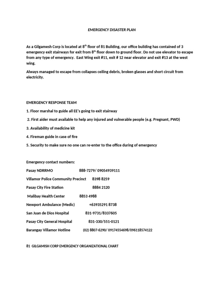 Emergency Disaster Plan | PDF