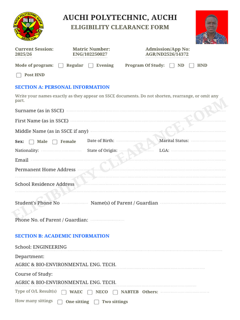 Auchi Polytechnic Eligibility Clearance Form | PDF | Qualifications ...