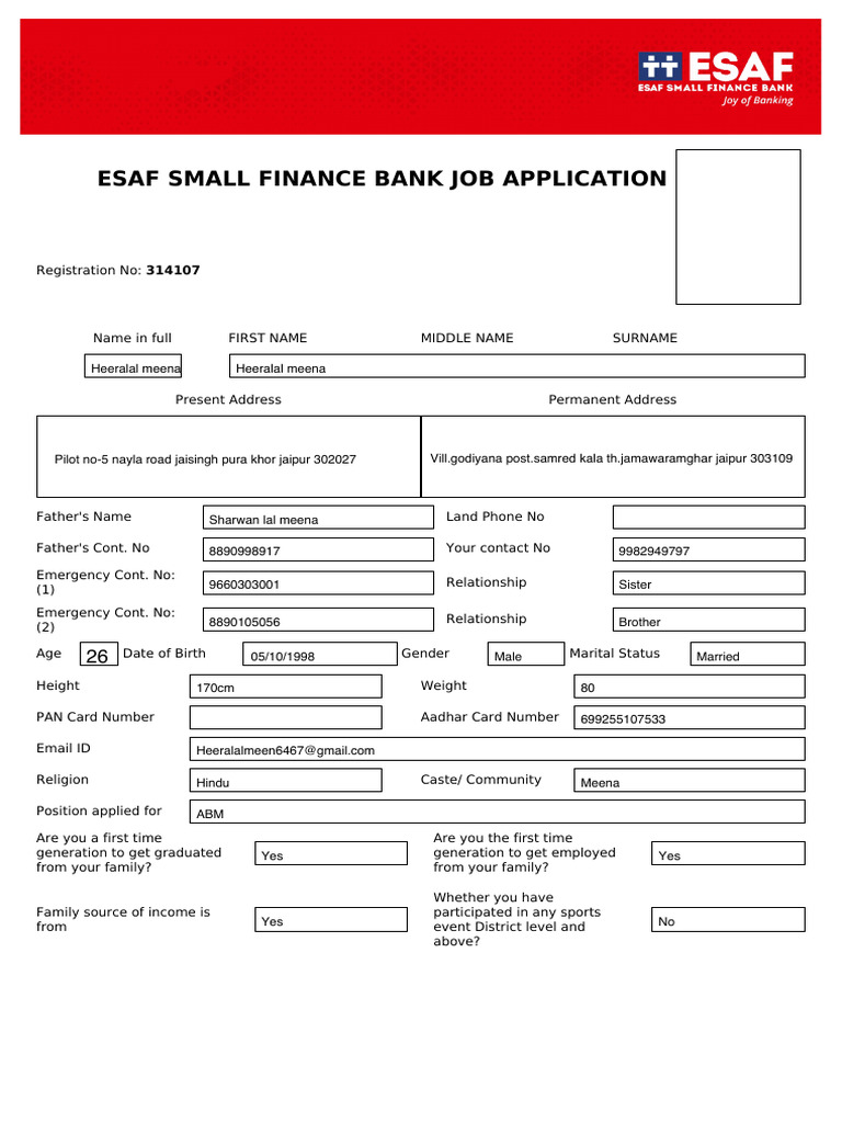 ESAF Small Finance Bank Job Application | PDF