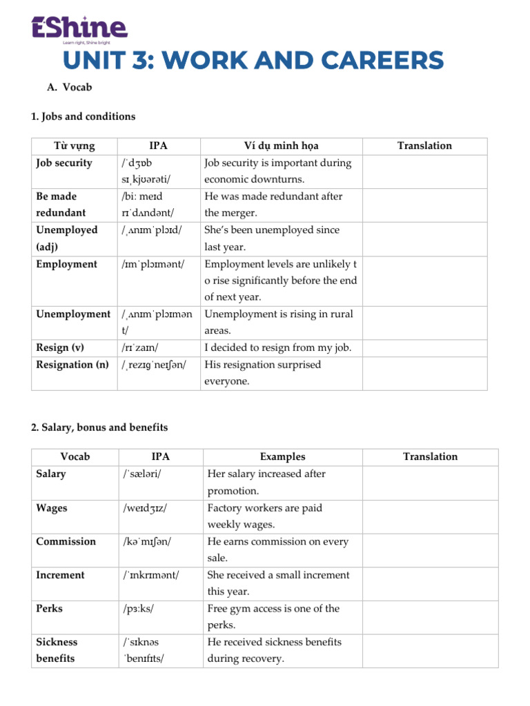 Work and Careers Vocabulary Guide | PDF | Employment | Employee Benefits