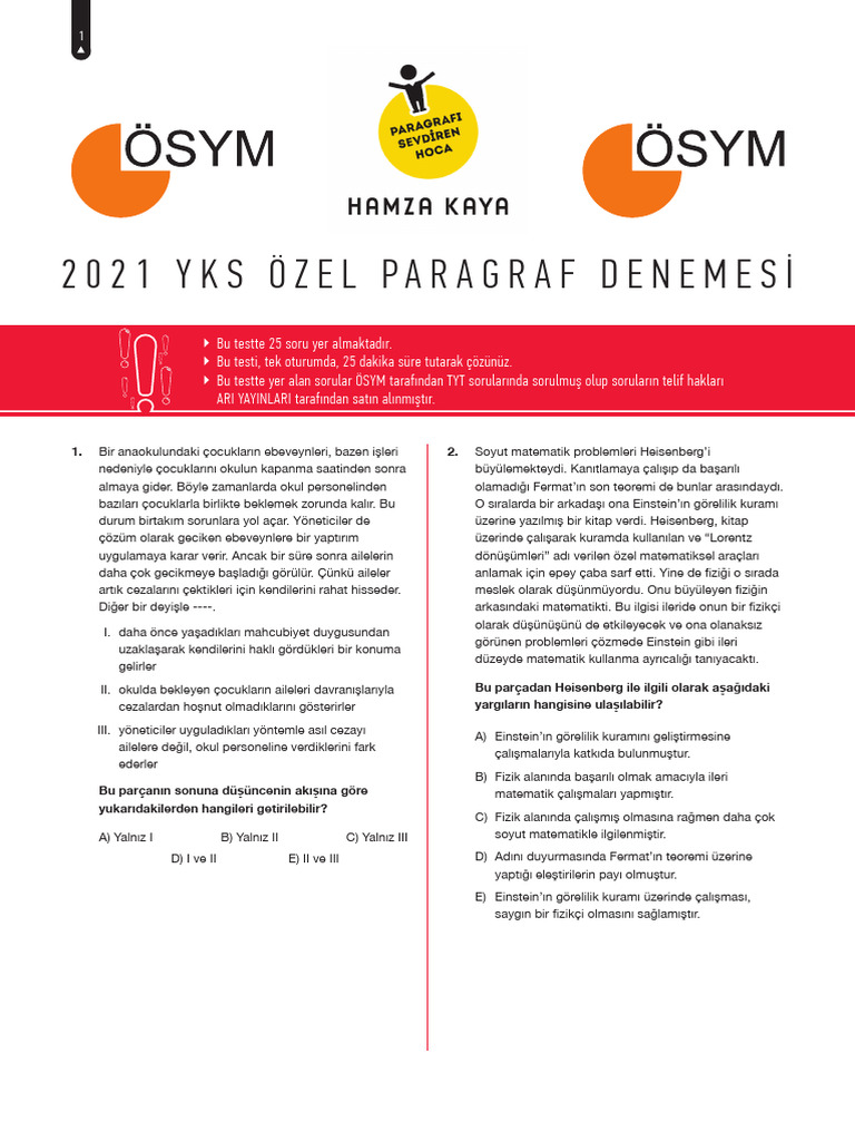(Yks) Özel Deneme-3a (A4) | PDF