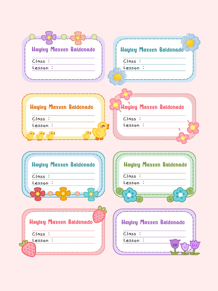 Colorful Pastel Cute Name Label School A4 Document | PDF