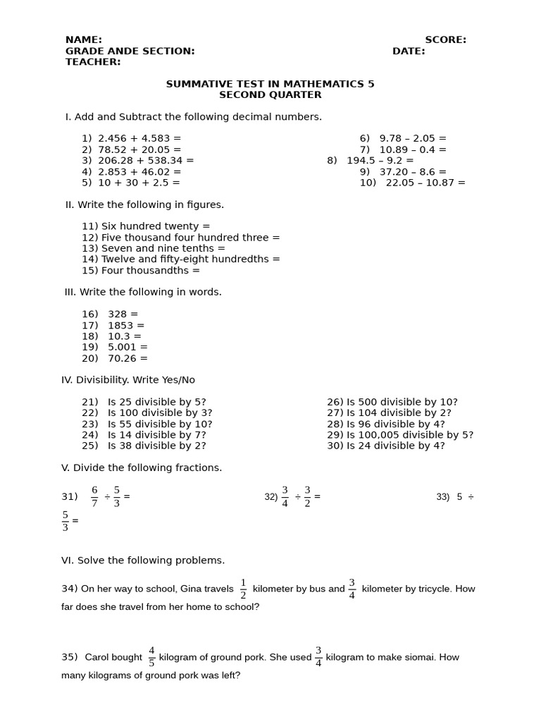 Summative Test q2 Math 5 | PDF