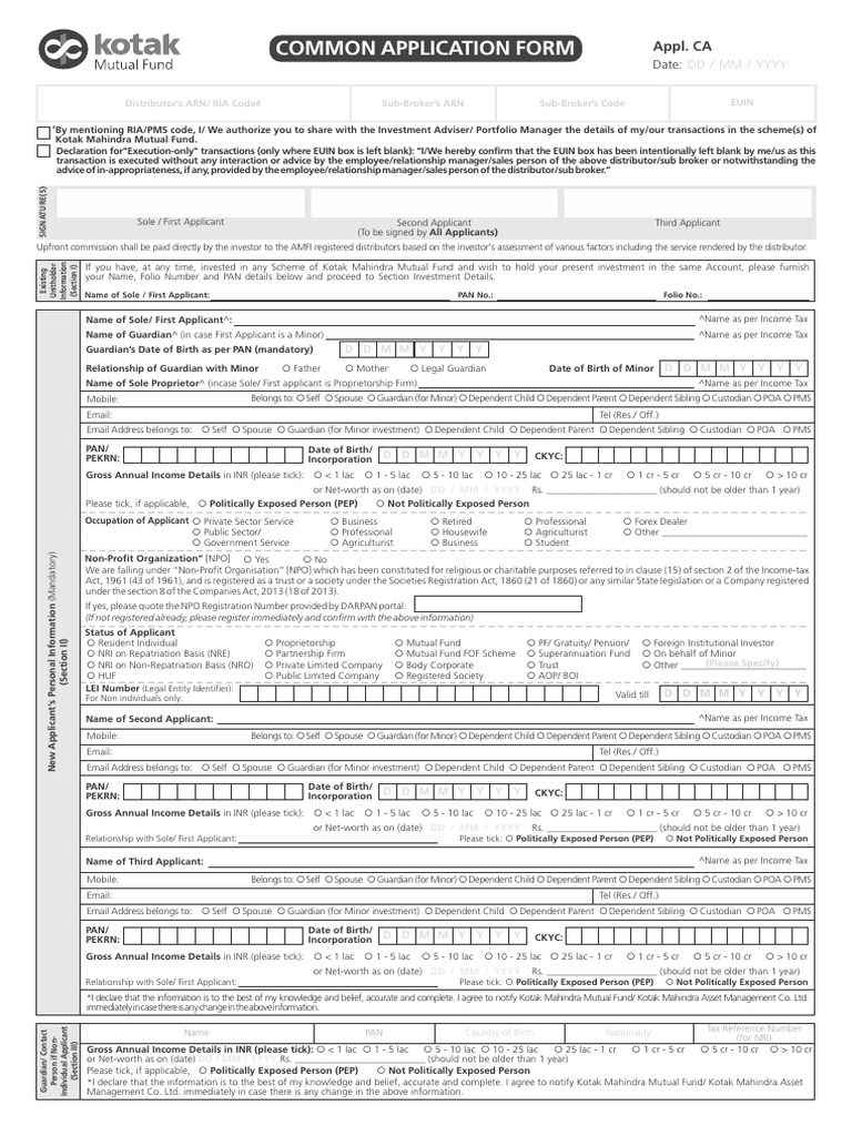 Kotak Mutual Fund Common Application Form | PDF | Identity Document ...