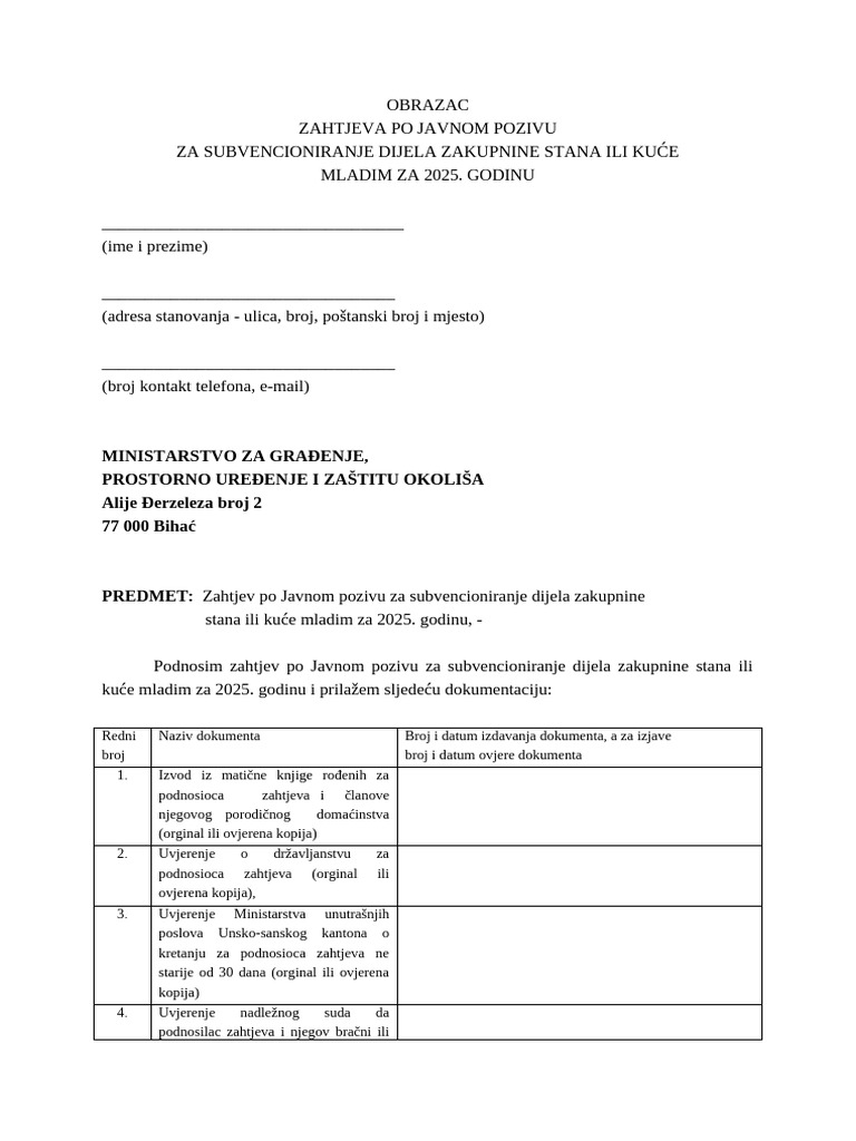 6889f281086c27.67647030 - Obrazac Zahtjeva I Izjava Po Javnom Pozivu - 2025 | PDF