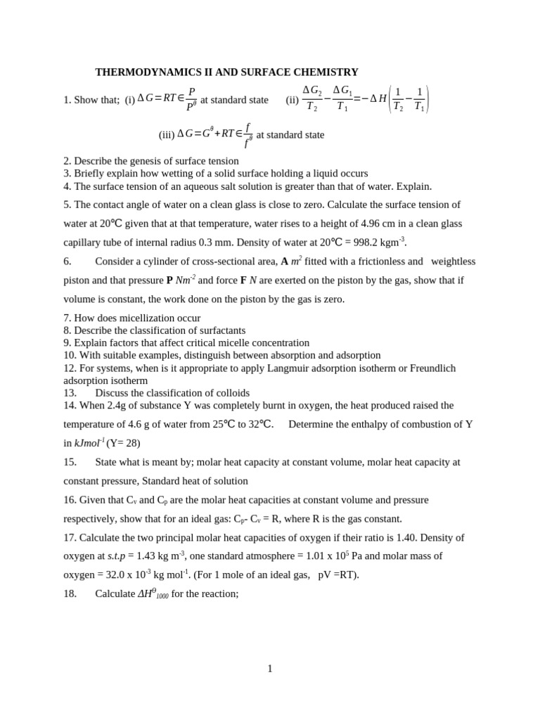 Surface Chemistry and Thermodynamics II | PDF | Adsorption | Gases