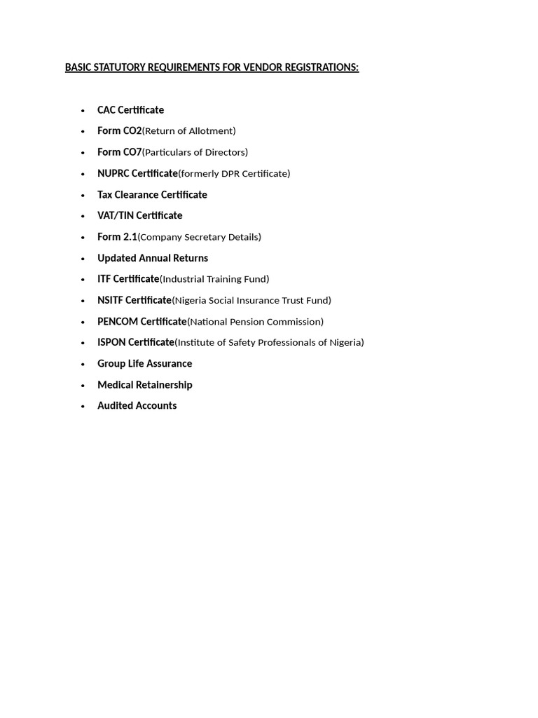 Vendor Registration Requirements in Nigeria | PDF