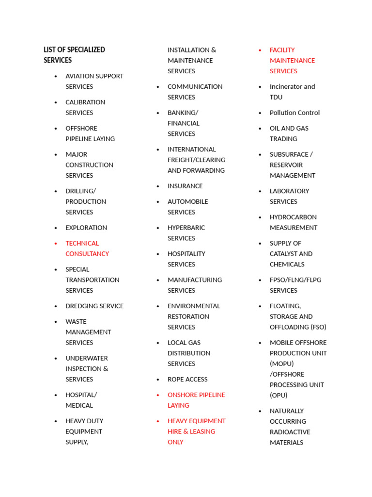 Comprehensive Specialized Services List | PDF | Offshore Drilling ...