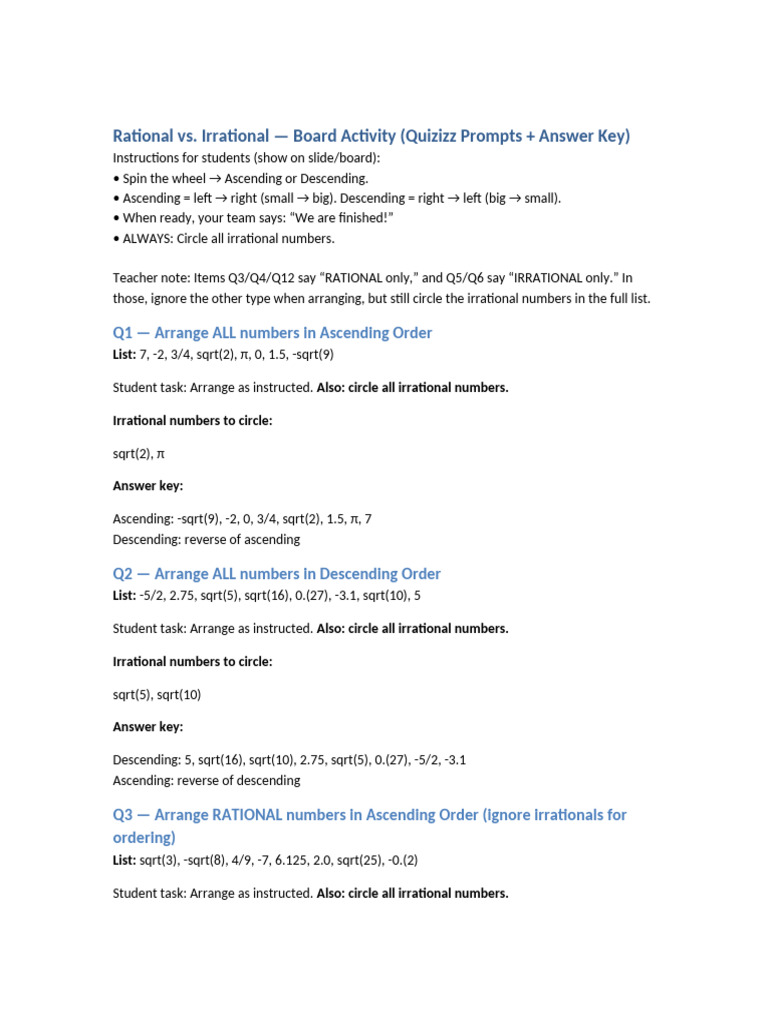 Rational Vs Irrational Quizizz Prompts AnswerKey | PDF | Real Analysis | Arithmetic