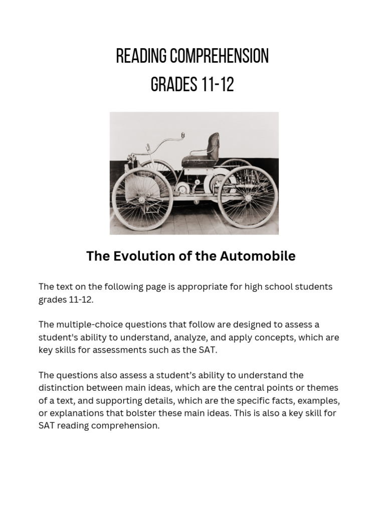 Reading Comprehension Grades 11-12: The Evolution of The Automobile ...