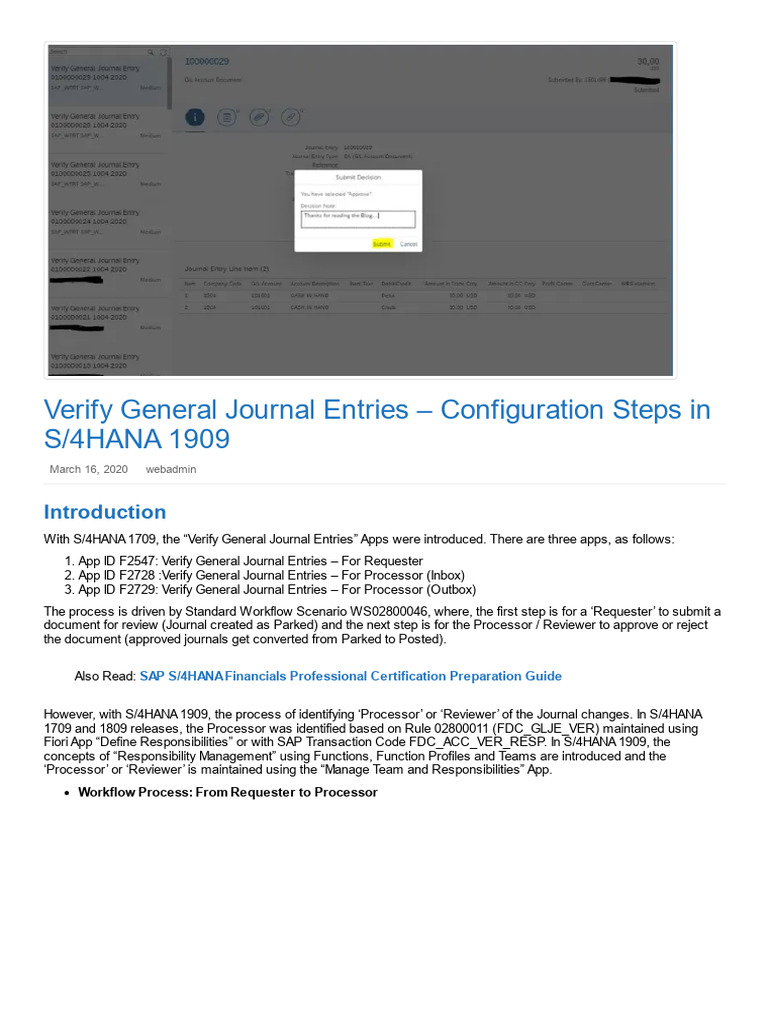 Configure Journal Entry Verification in S/4HANA | PDF | Function ...