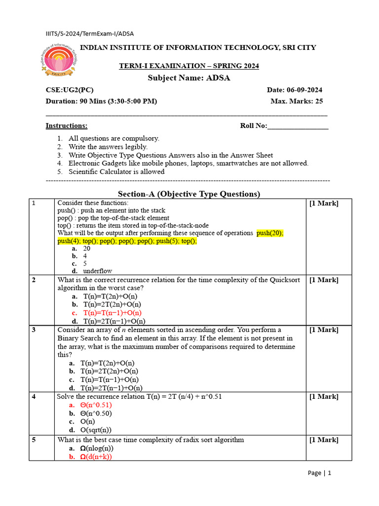 ADSA Term-I Exam Details 2024 | PDF | Time Complexity | Theoretical ...