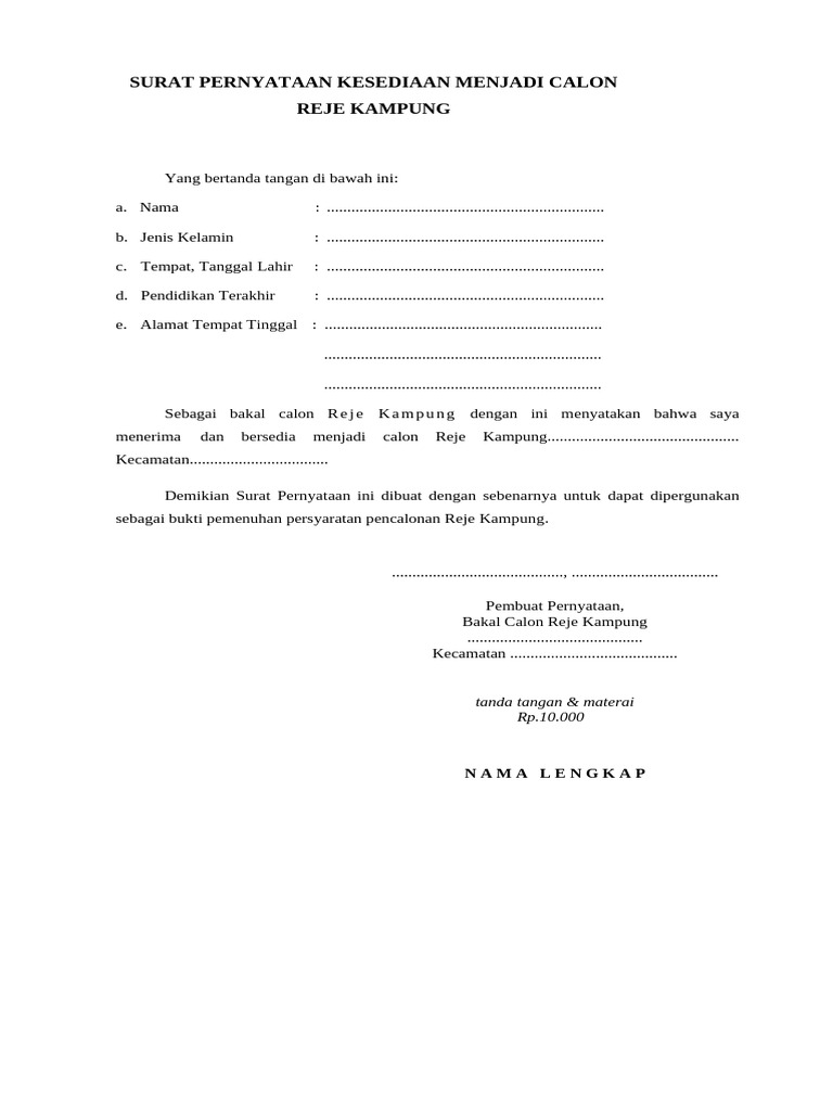 Surat Pernyataan Calon Reje Kampung | PDF