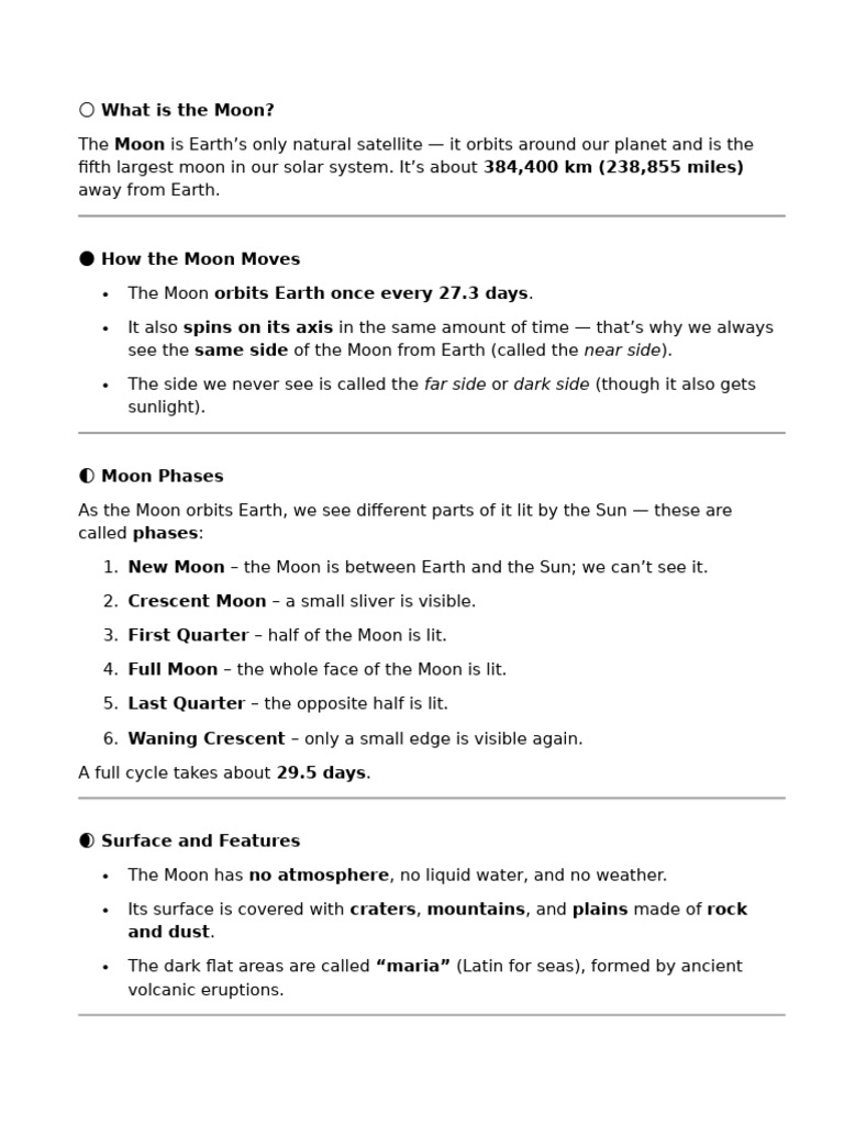 Understanding the Moon: Phases and Features | PDF