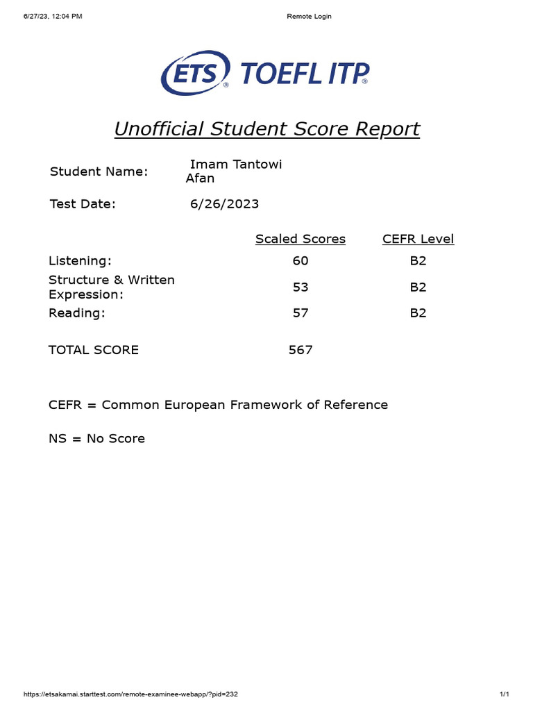 Unofficial Results Test TOEFL | PDF