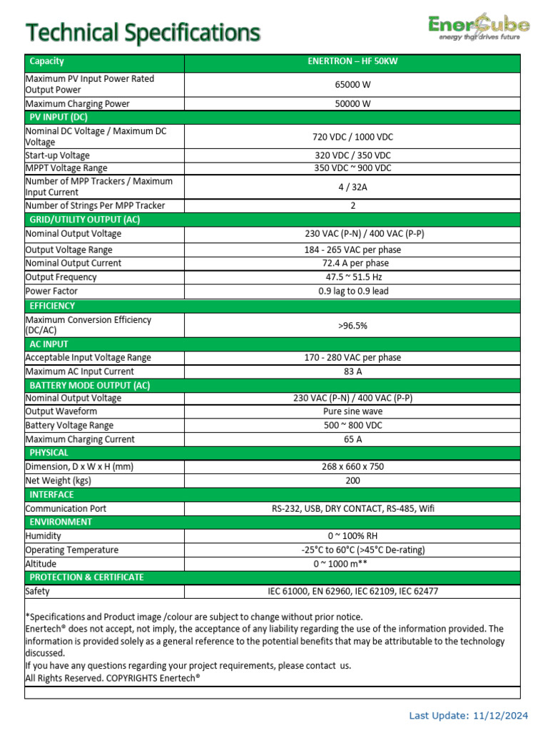 Enertron HF 50KW Inverter Specs | PDF | Alternating Current | Electricity