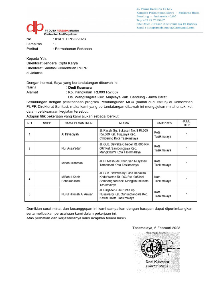 Surat Minat PT DPB | PDF