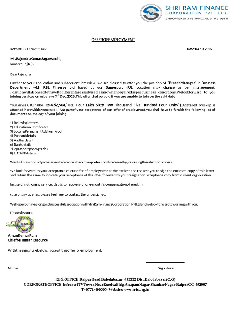 Offer Letter - Rajendra Kumar Sagarvanshi | PDF | Business | Labor